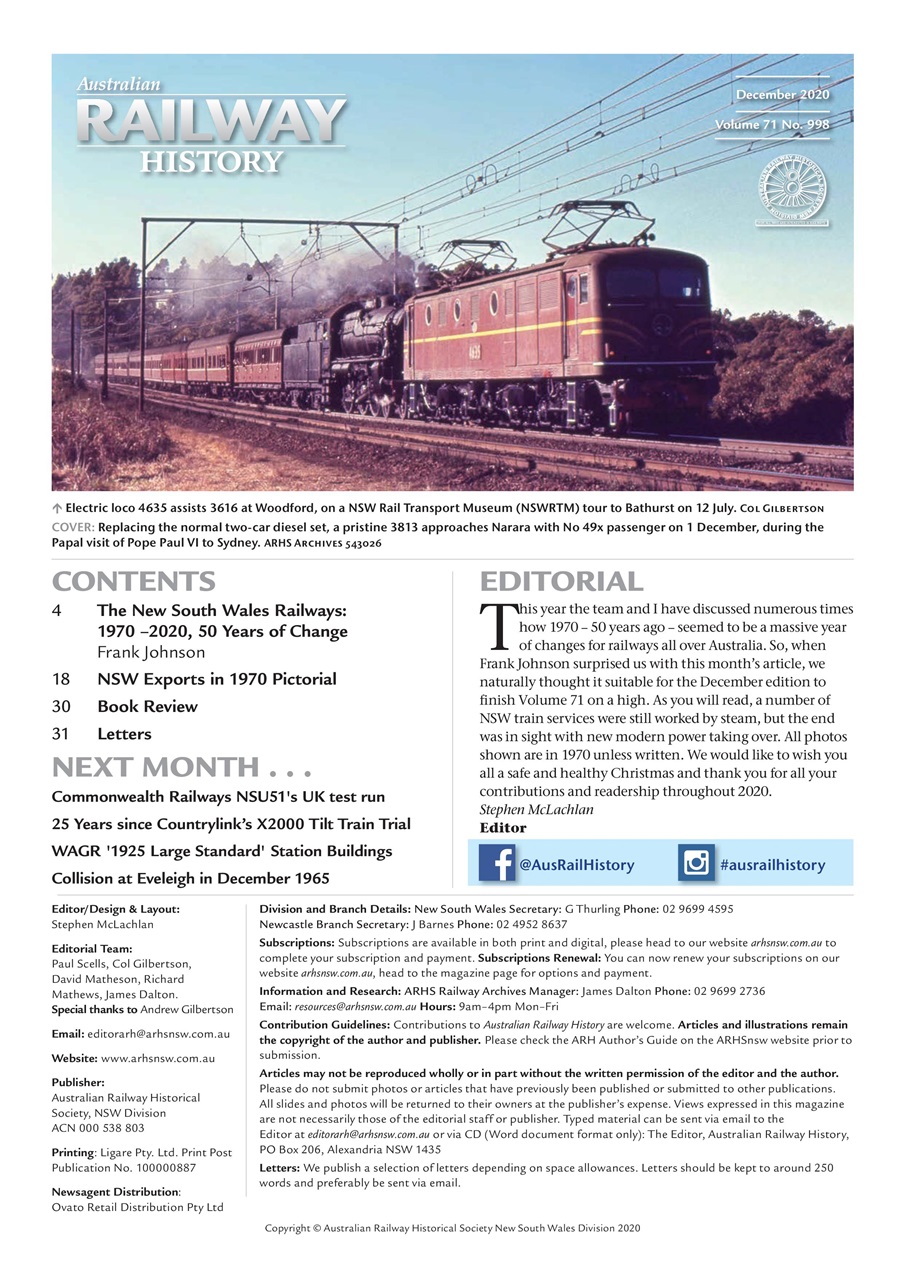 Australian Railway History Magazine December 2020 Back Issue