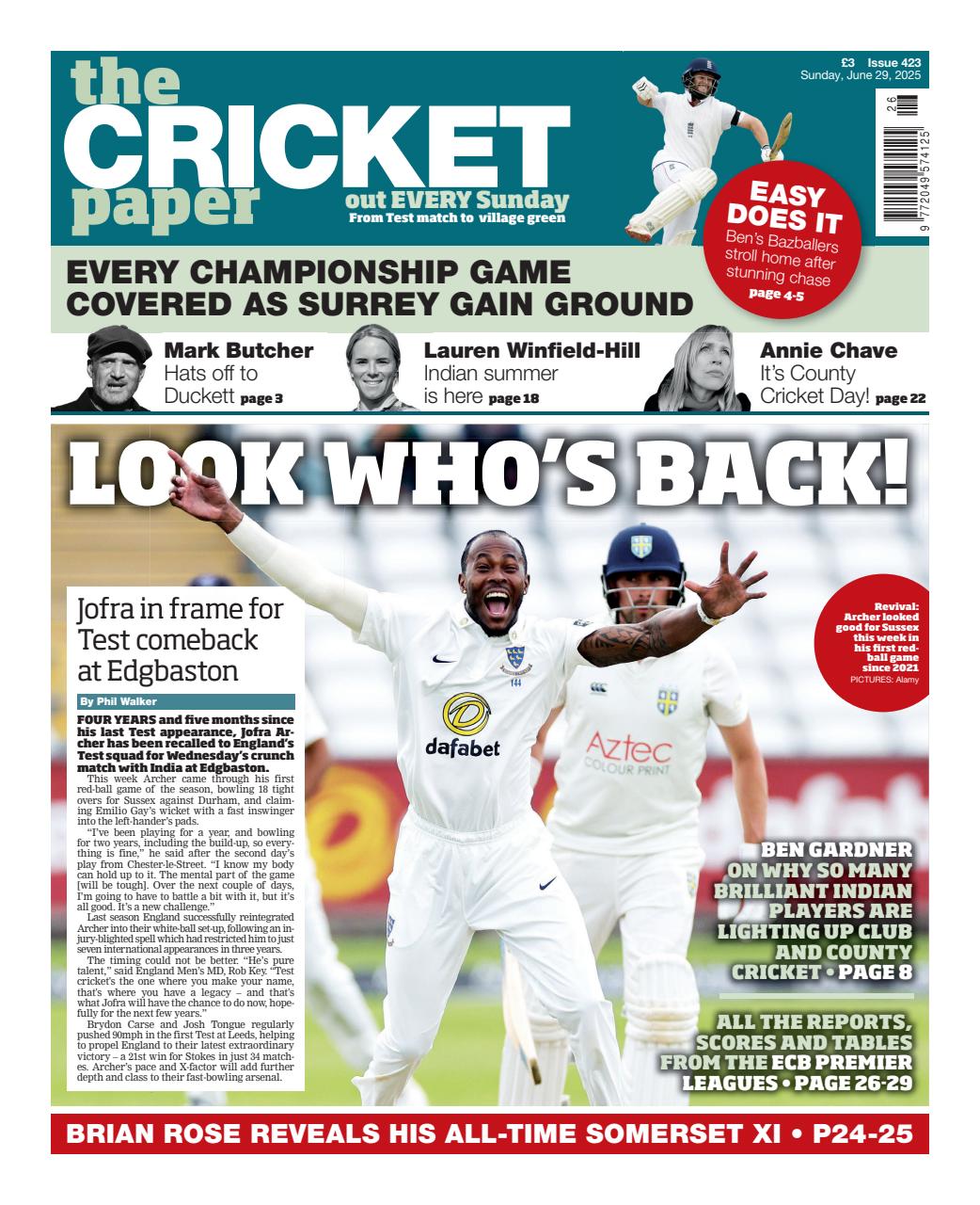 The Cricket Paper Magazine - 29th June 2025 Back Issue