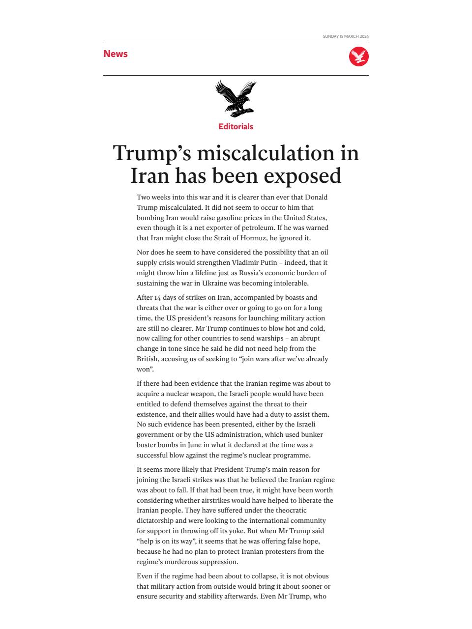 The Independent Daily Edition Newspaper - Sunday, 15 March 2026 Back Issue